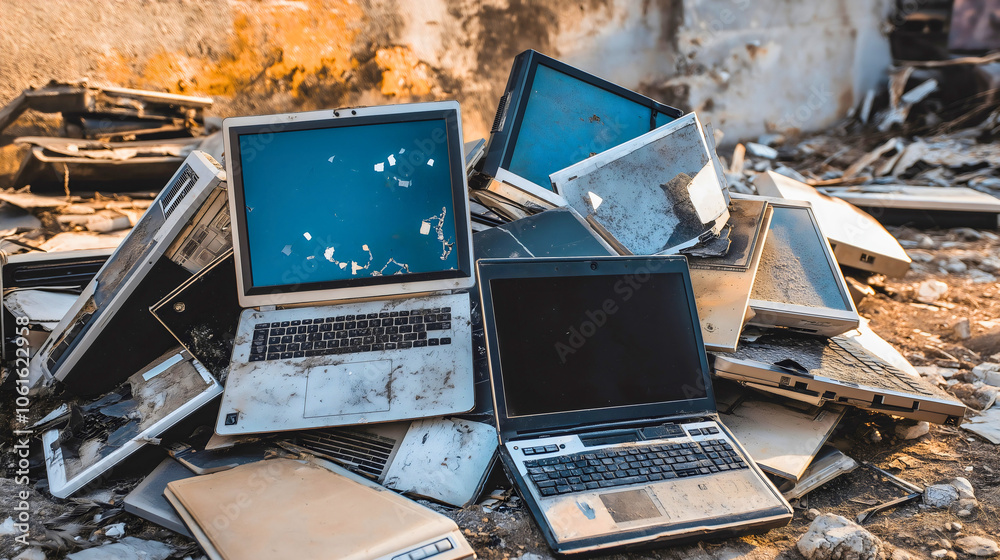 Discarded laptop old used, obsolete technology garbage trash e waste ...