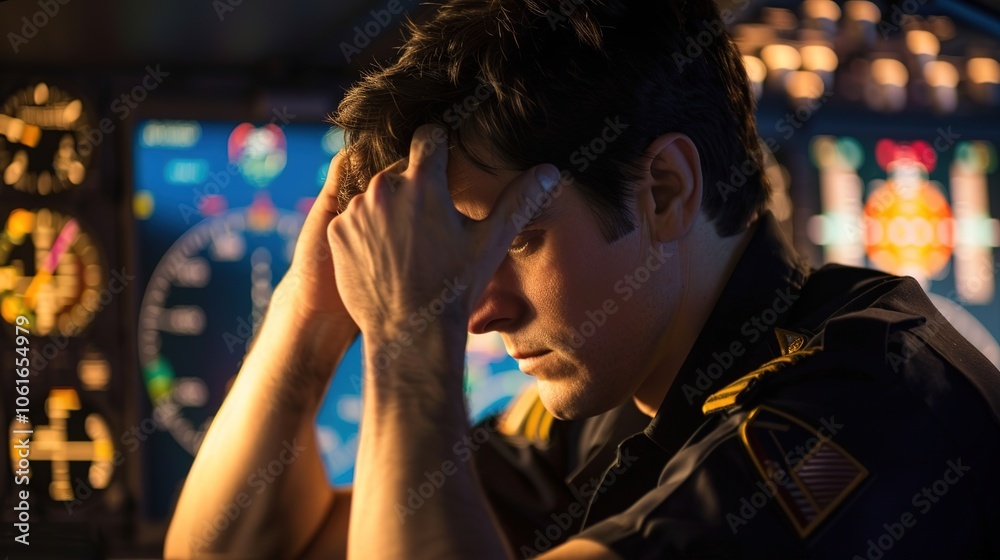 Pilot sitting in cockpit, looking frustrated and holding head ...