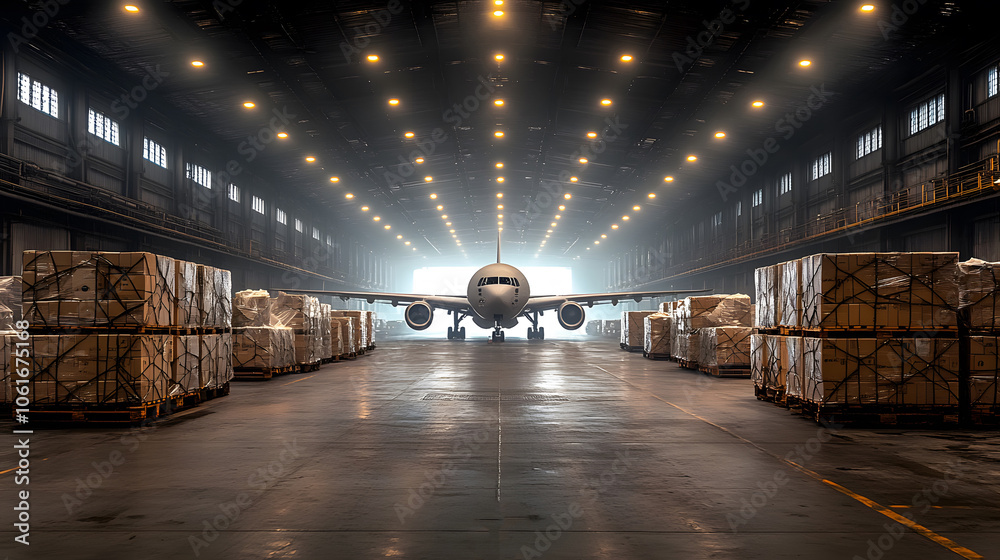 Cargo plane interior with crates and boxes secured, organized shipping ...