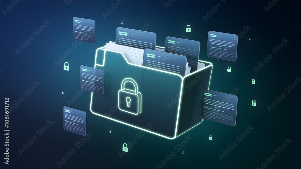 Floating digital folder with green outline, documents, lock icons, dark ...