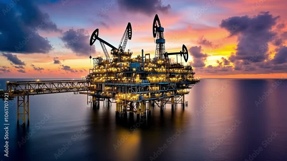 An illuminated offshore oil rig stands against a vibrant sunset ...