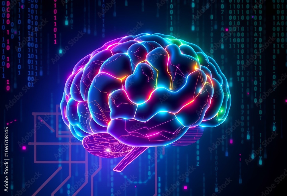 Illustration of a brain illuminated with RGB lights in the dark. The ...