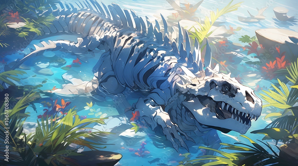 the huge skeletal remains of a dragon lying in the clear water, its ...