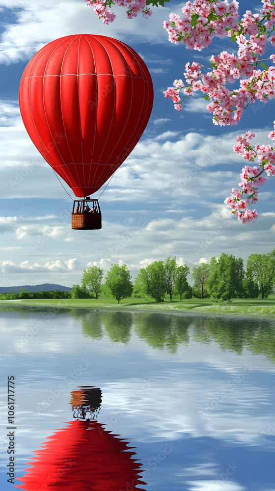 A red hot air balloon soars over a calm lake, with a reflection in the ...