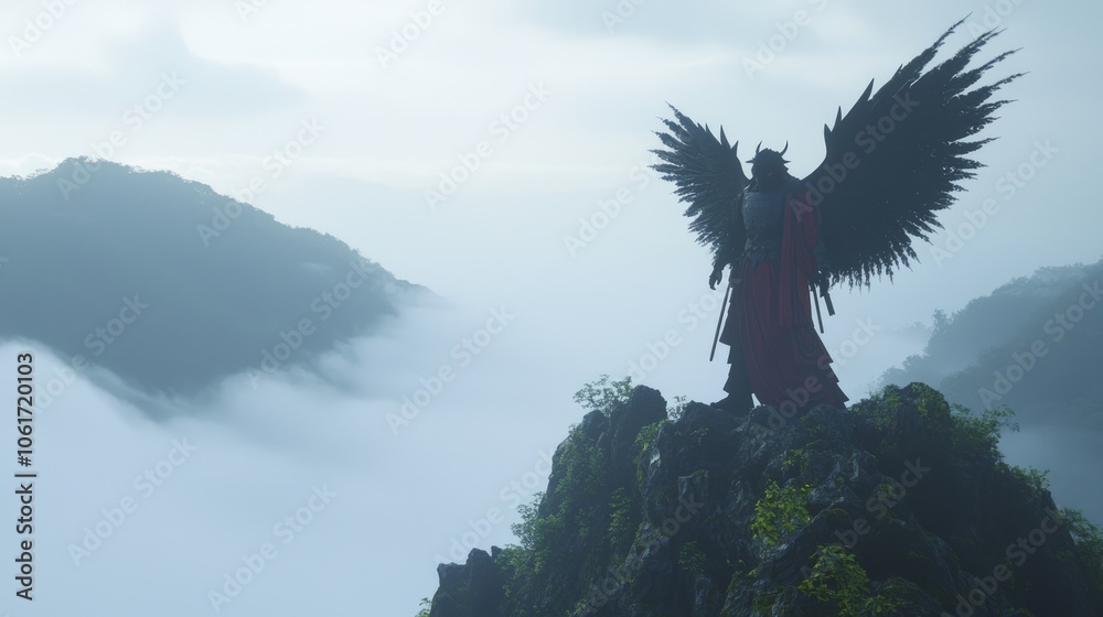 Majestic Tengu Warrior Watching Over Valley - Japanese Yokai 3D Render ...