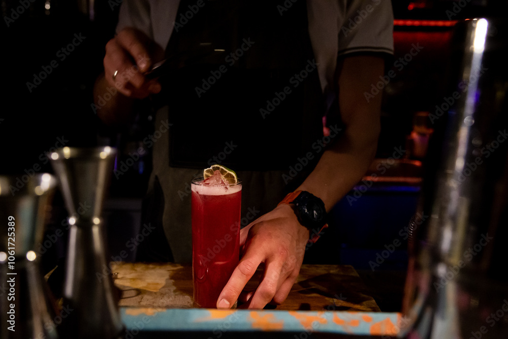 Bartender mixing alcoholic cocktail drink with ice cubes. Bartender ...