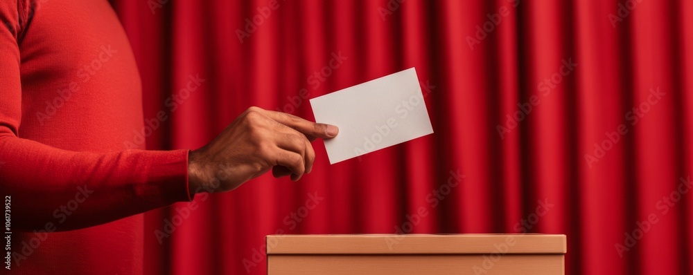 Person voting by placing a ballot into a ballot box with a red curtain ...