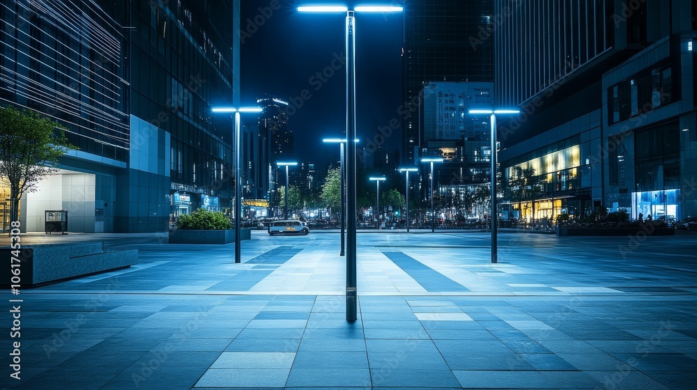 Modern LED street lights illuminate a busy urban plaza at night ...
