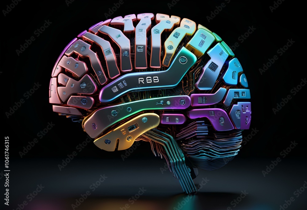 Stylish brain covered in a modern metal shell. Each brain fold ...