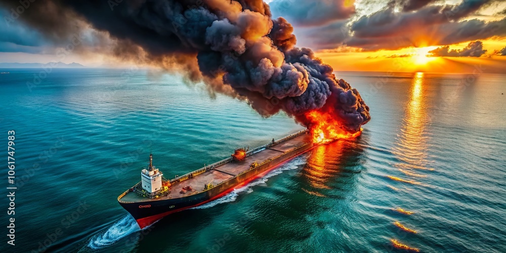 Aerial View of a Burning Tanker Ship at Sea - Maritime Disaster ...