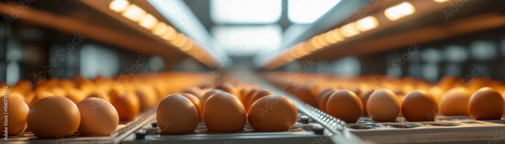 Rows of eggs in automated poultry farm, showcasing cool industrial ...