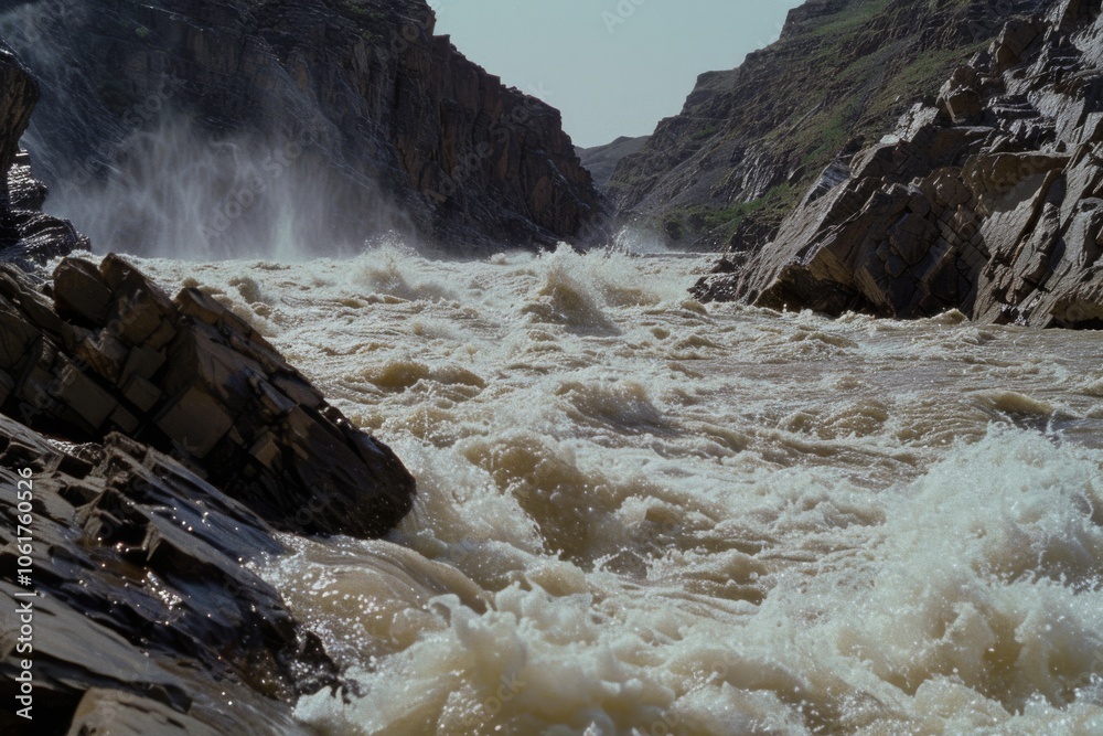 A fierce river bursts through jagged rock formations, roaring with ...
