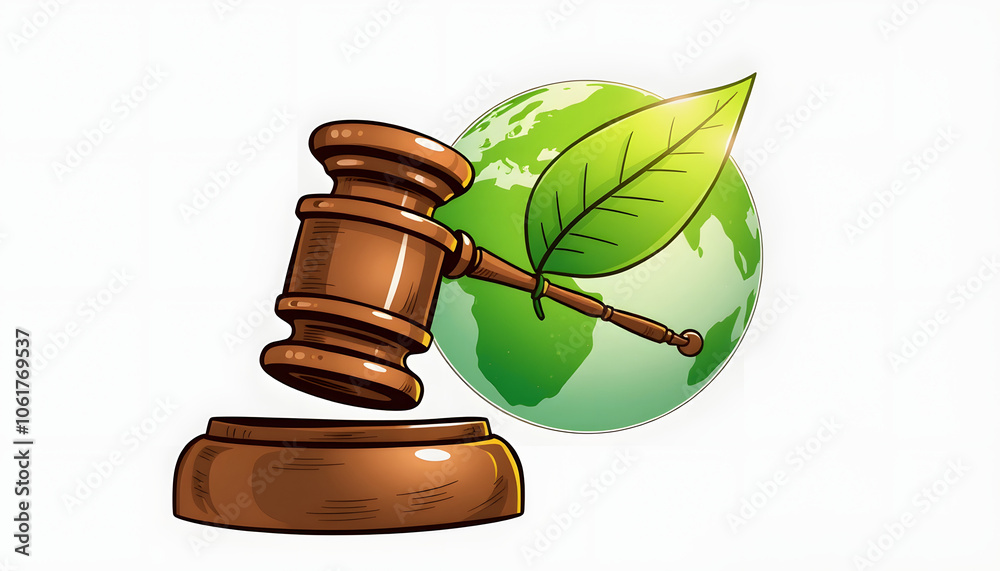 Environmental law. Gavel and abstract green planet with leaf isolated with white shades, png ...