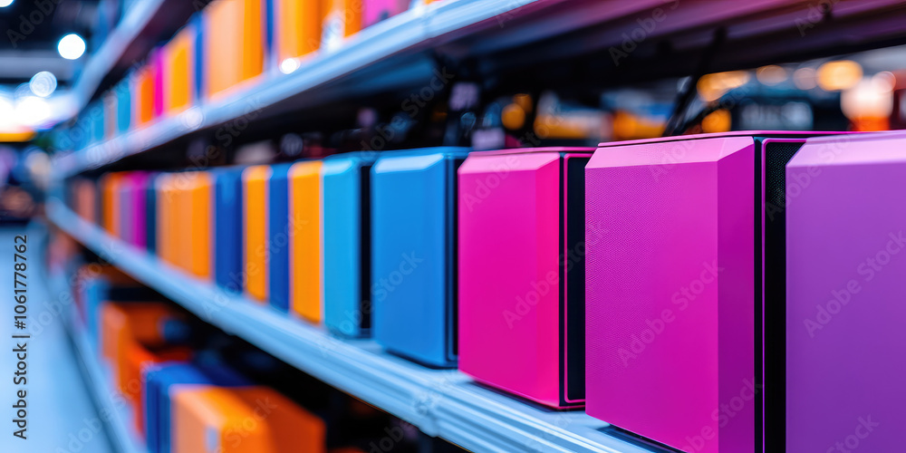 Row of PC desktop computer bright colored cases on the shelf in a ...