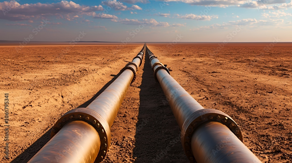 Two parallel pipelines stretch across a vast desert landscape under a ...