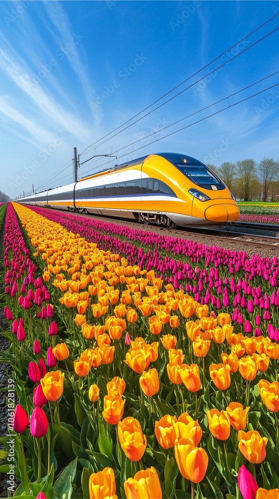 High-speed train passing through colorful tulip fields in spring, rows ...