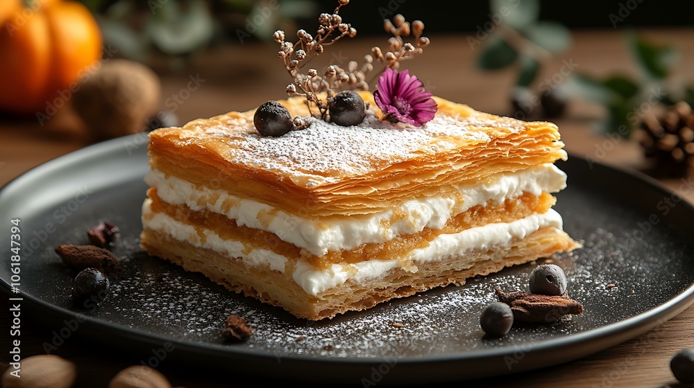 Classic French mille-feuille pastry with layers of puff pastry and ...