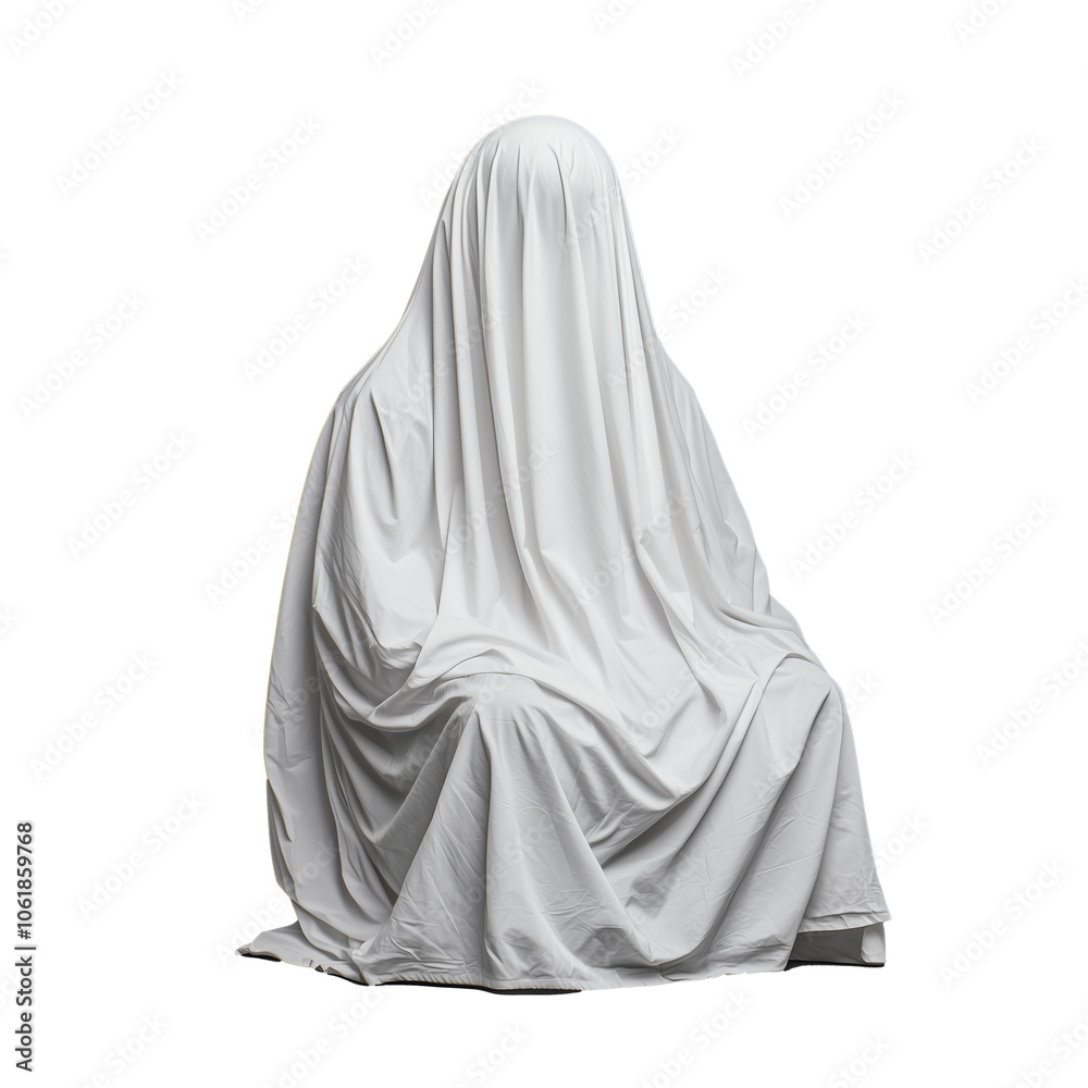 Draped white fabric resembling ghost figure on transparent background, representing Halloween or ...