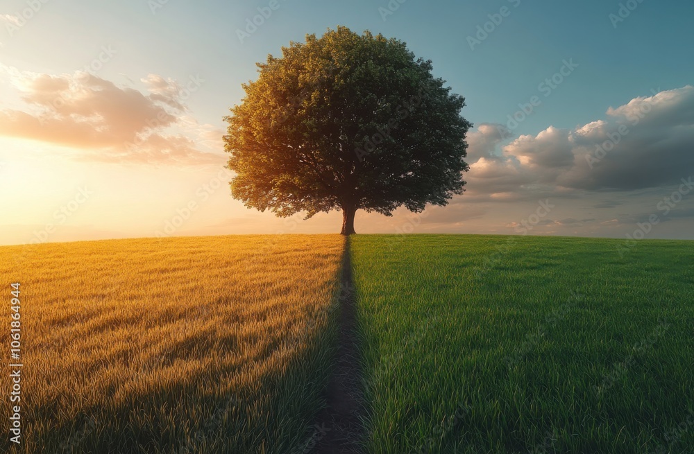 half photo of dry tree on the left side and green grass field with sun ...
