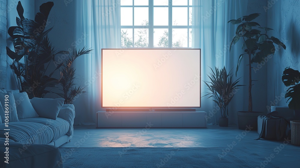 White tv screen bright luxury interior mock up, front view, 3d ...