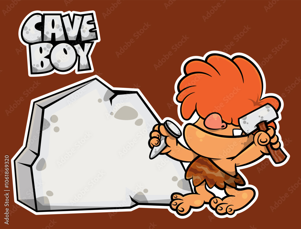 Little caveman cartoon characters, Carving an epigraph with stone ...