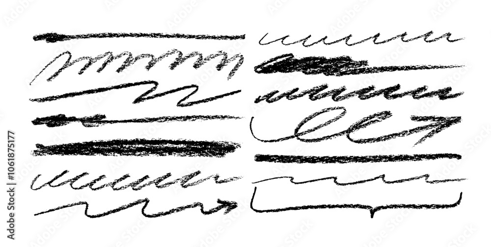 Crayon drawn underlines collection. Squiggles and horizontal scribbles ...