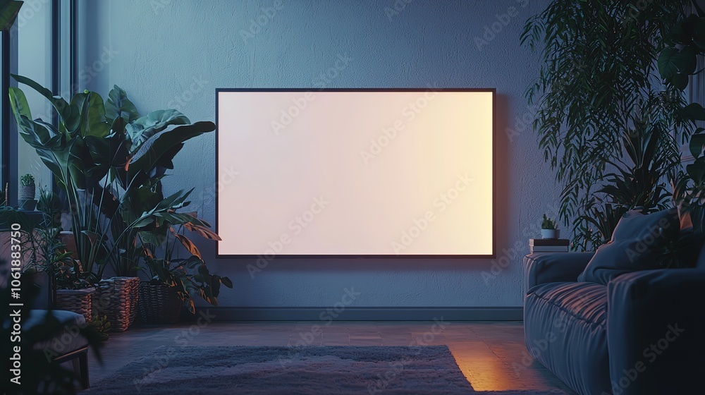 White tv screen bright luxury interior mock up, front view, 3d ...