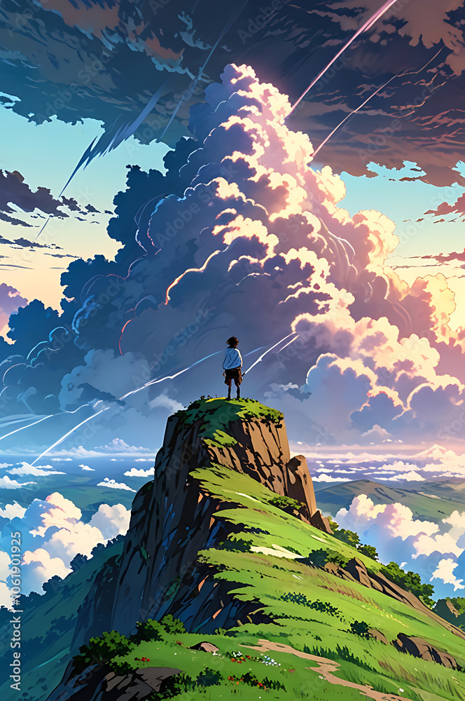 The god Enlil standing on a mountain peak, with wind gusts and clouds ...