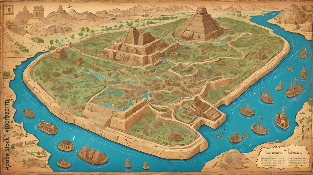 An ancient map of Mesopotamia featuring rivers, ziggurats, cities, and ...