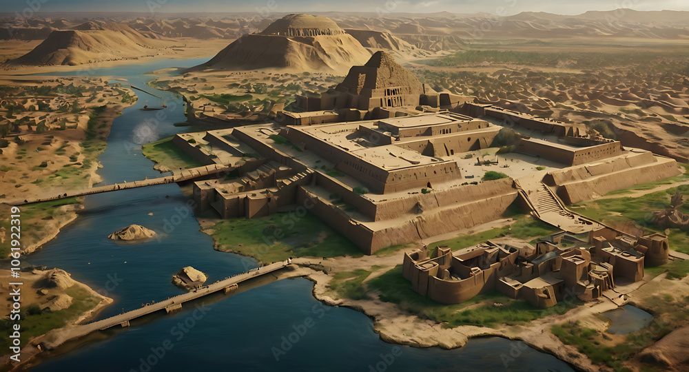 An ancient map of Mesopotamia featuring rivers, ziggurats, cities, and ...