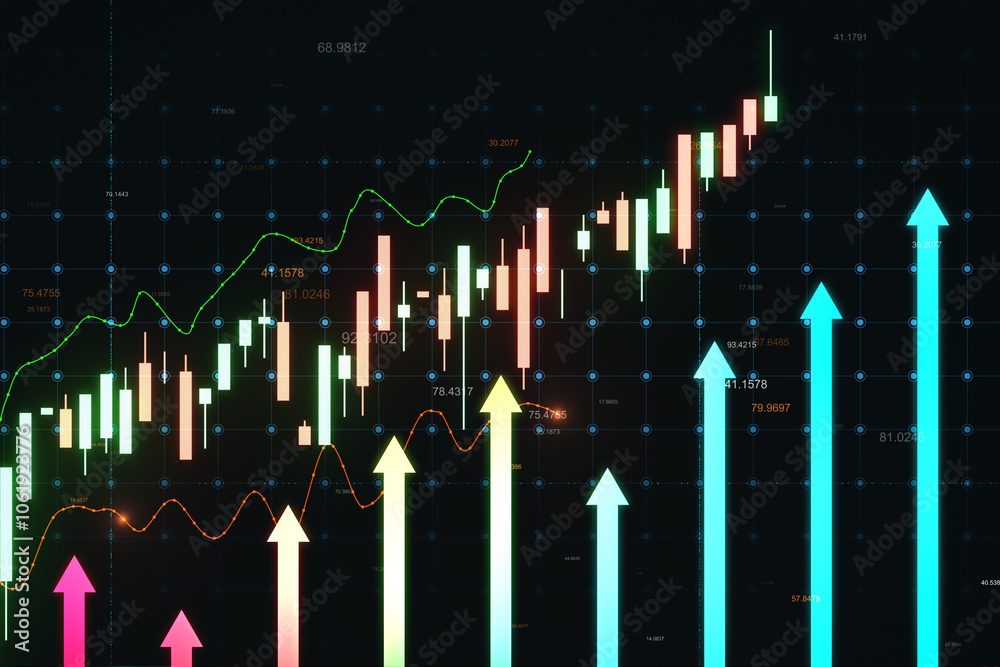 Trading and forex market growth concept with vertical digital arrows on ...