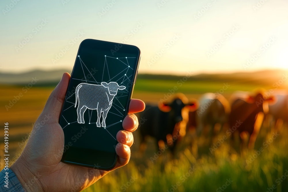 Smartphone displaying a digital cow silhouette with cows in a sunny ...