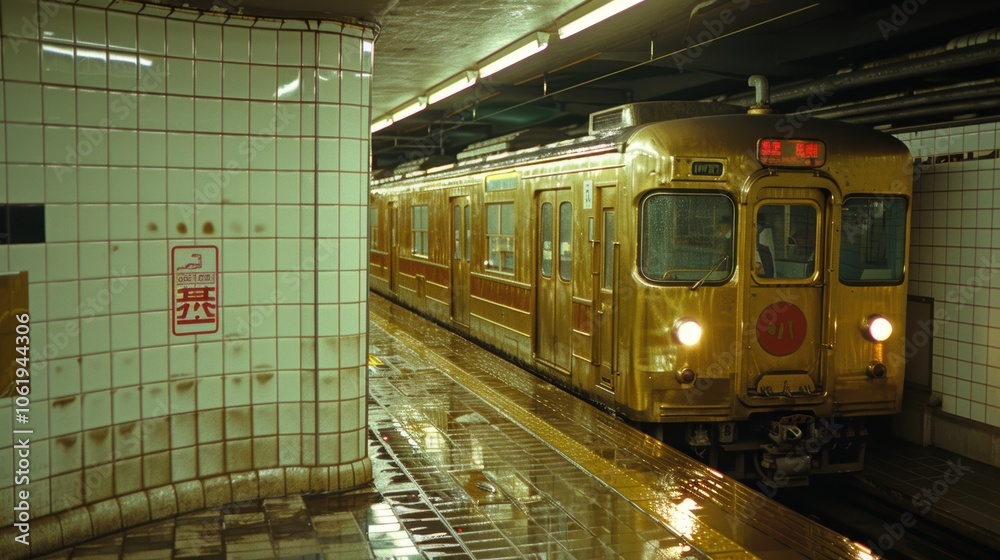 A vintage subway train approaches the station platform amidst the dimly ...