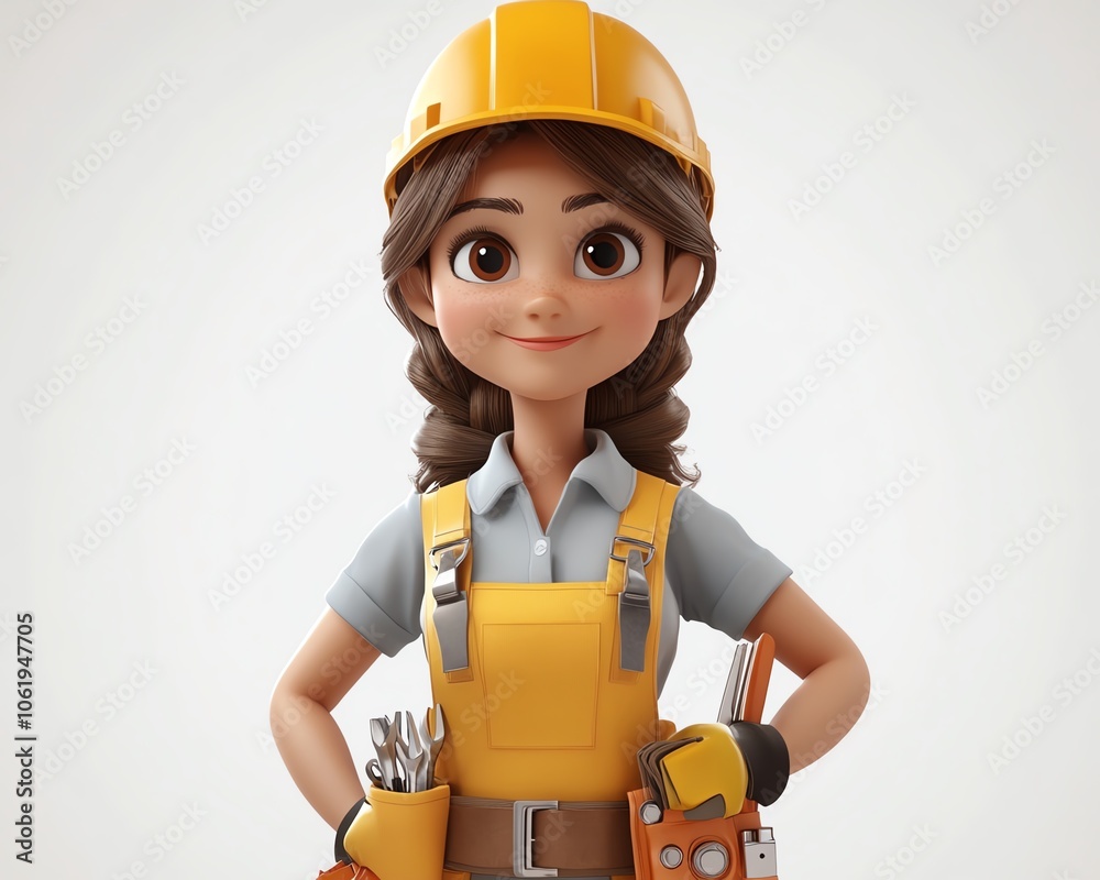 Charming 3D render of a female construction worker cartoon character ...