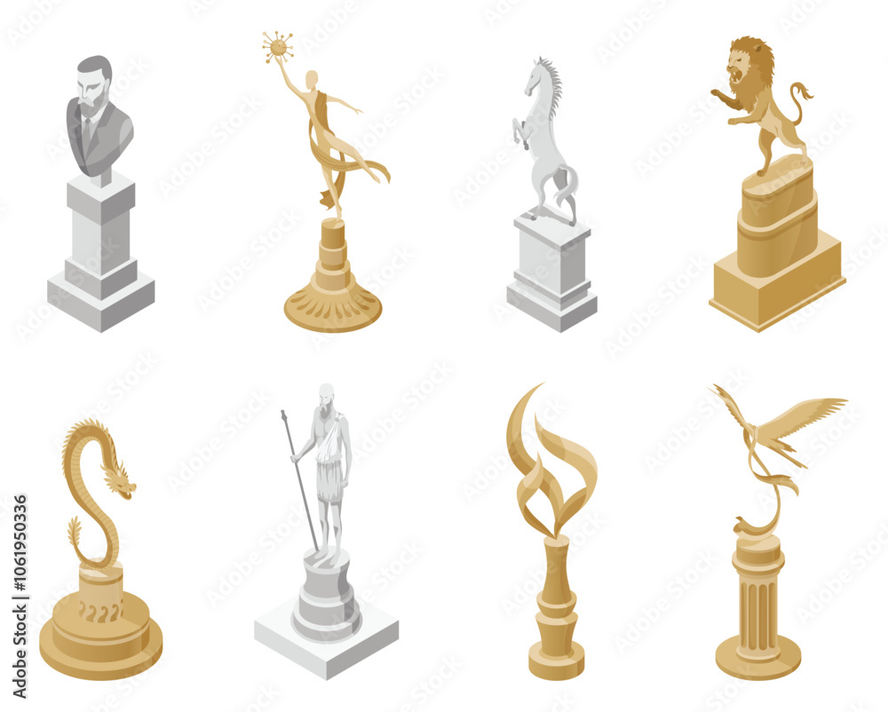 Monument icons isometric collection. Symbol of monumental art. Famous ...