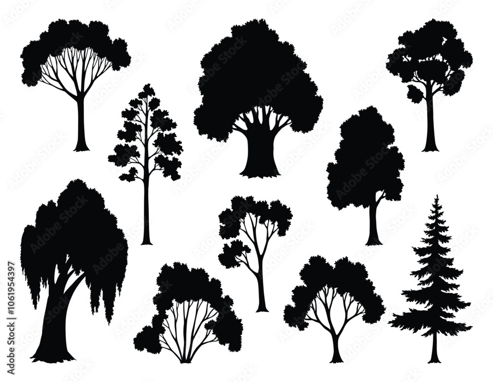 Trees black silhouettes, natural wild landscape. Refined digital ...