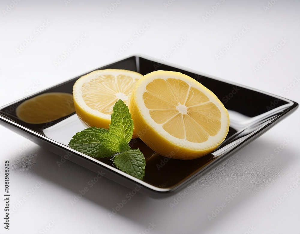 Plasterki żółtej cytryny oraz listki mięty na czarnym talerzyku ...