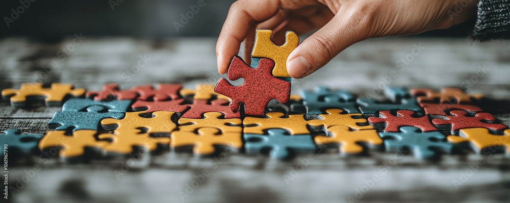 Stylized image of a hand aligning abstract jigsaw puzzle pieces ...