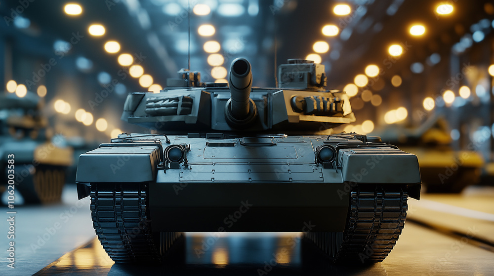Powerful front view of a modern military tank with headlights on ...