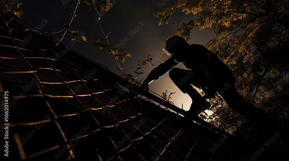 Illustrate a dramatic escape attempt where a prisoner is climbing or ...