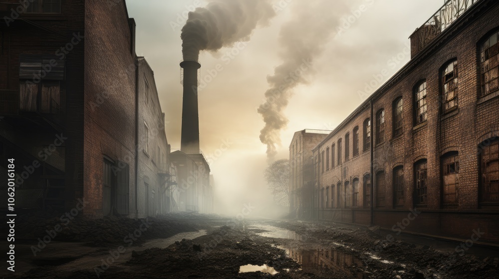 Illustrate a historical scene of early industrialization with smoke ...