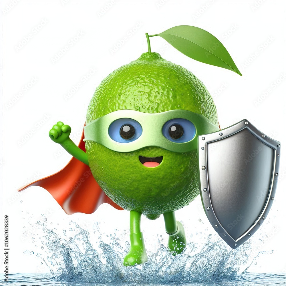 A cute, green lime cartoon character dressed as a superhero, with a ...