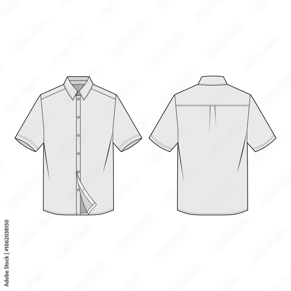 Short-sleeve shirt technical drawing, front and back view with classic ...