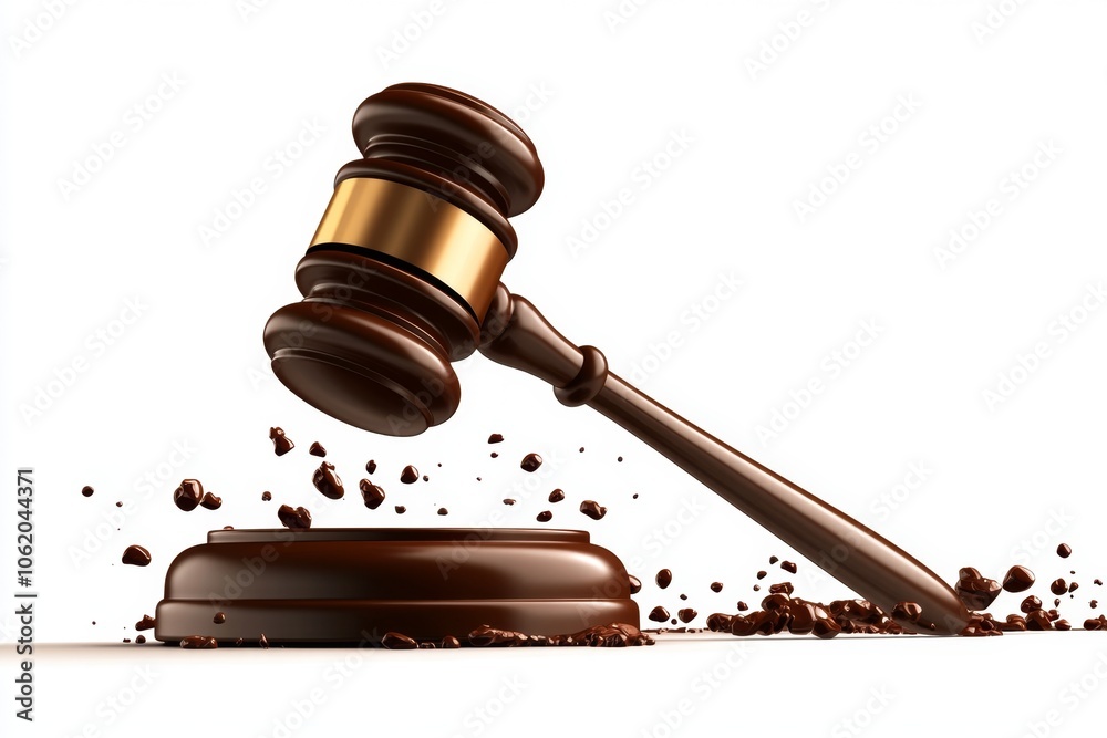 2D illustration of a gavel striking on a white background, capturing ...