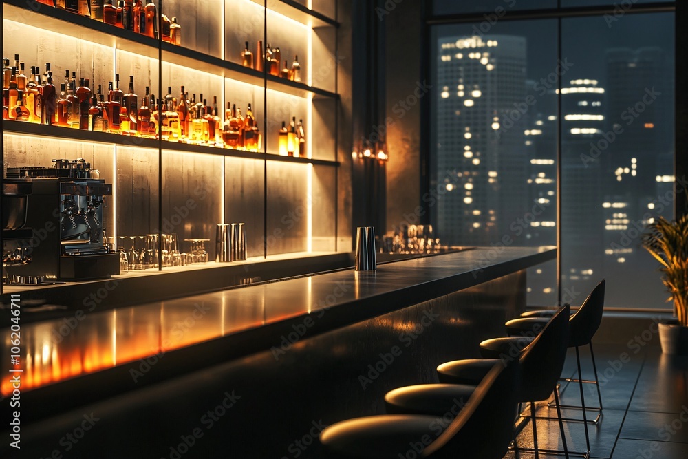 A modern bar scene at night, featuring a sleek countertop, illuminated ...