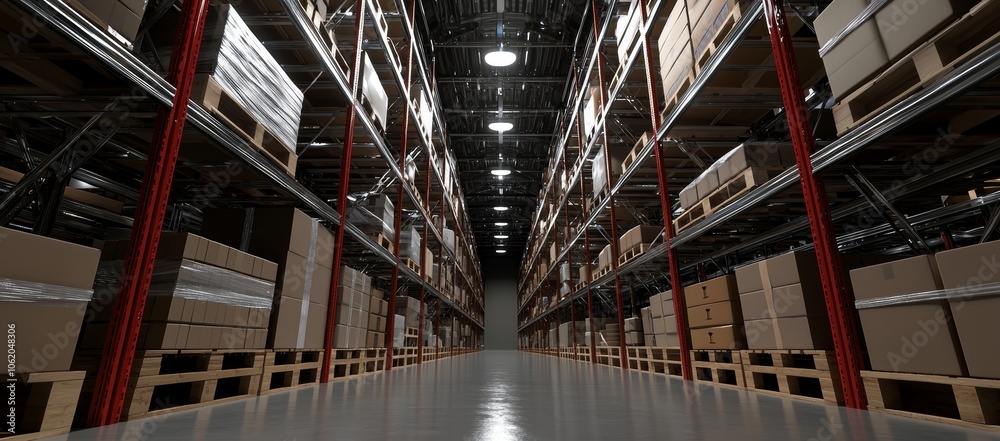 This image shows a modern storage warehouse with shelves stocked with ...