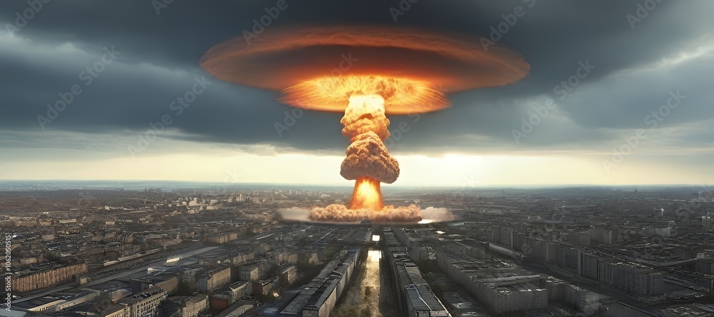 Nuclear explosion of an atom bomb with a mushroom cloud causing an ...