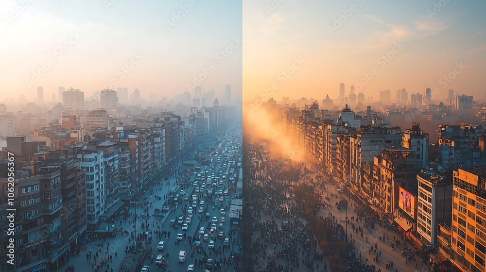 Two side-by-side comparison images, the left shows a city with normal ...