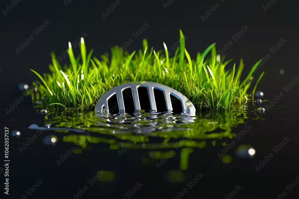 Simple 2D drawing of a street drain with water flowing in, capturing ...