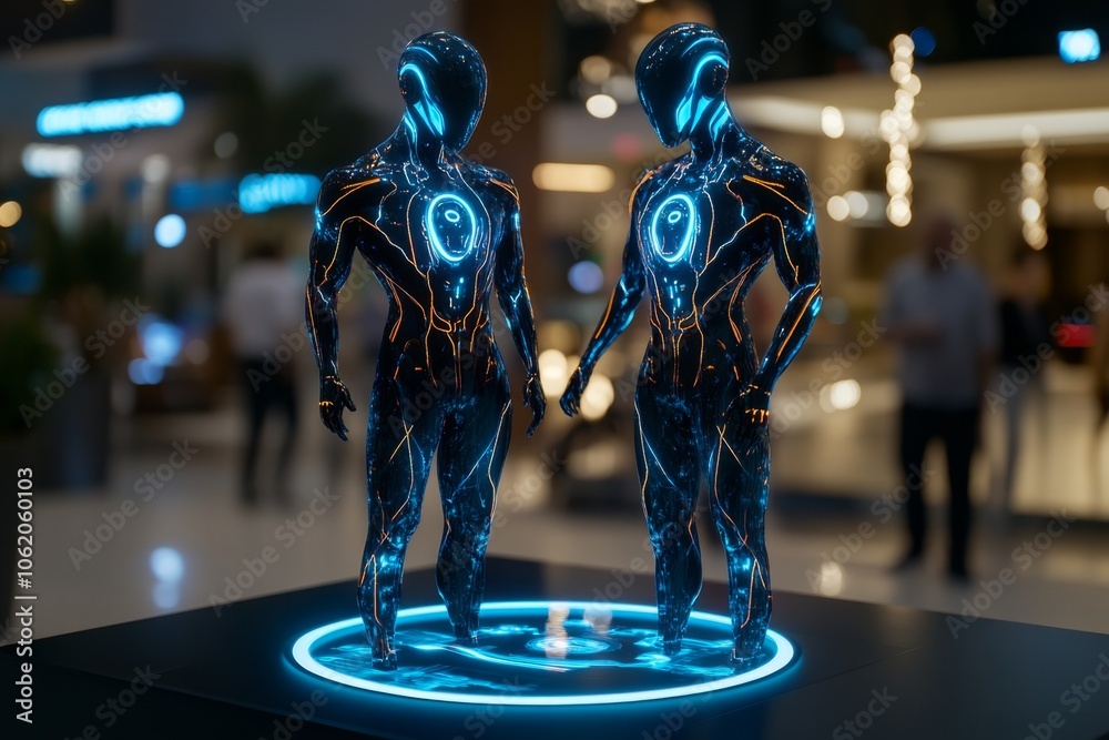 Two holographic figures glancing at each other in a futuristic ...
